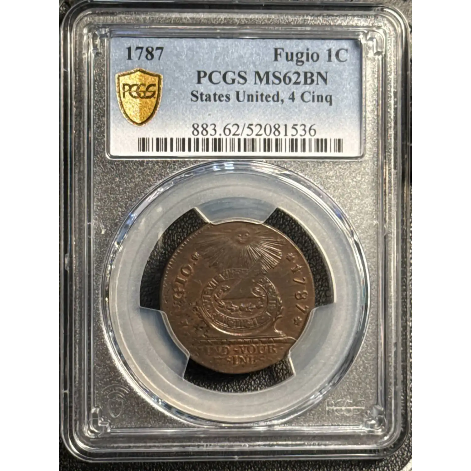 1787 Fugio Cent PCGS MS-62 BN PQ LOOKS MS63+ WITH RED States United, 4 ...