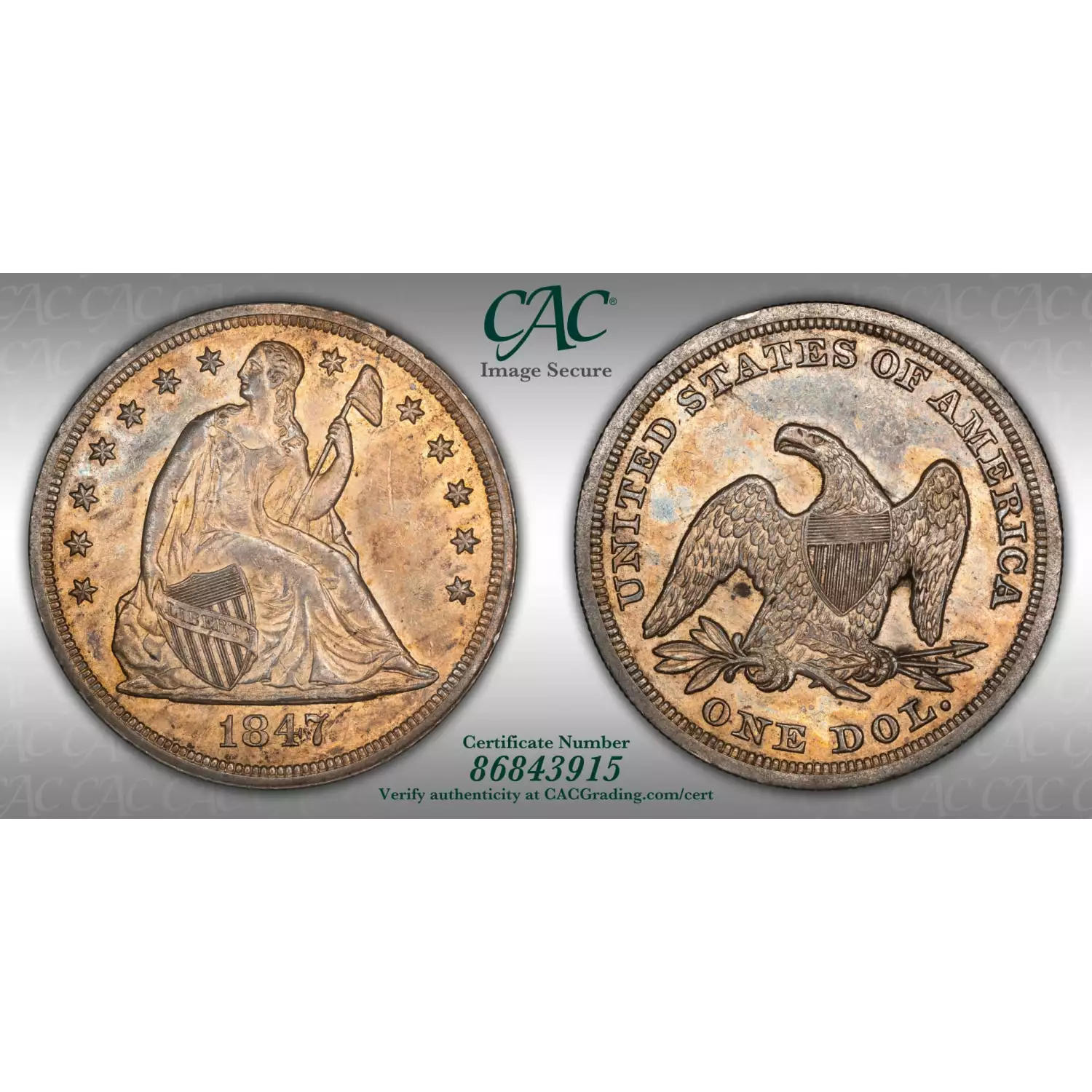 1847 Liberty Seated Silver Dollars CACG AU 58 CAC - Brian Timmons Rare Coin