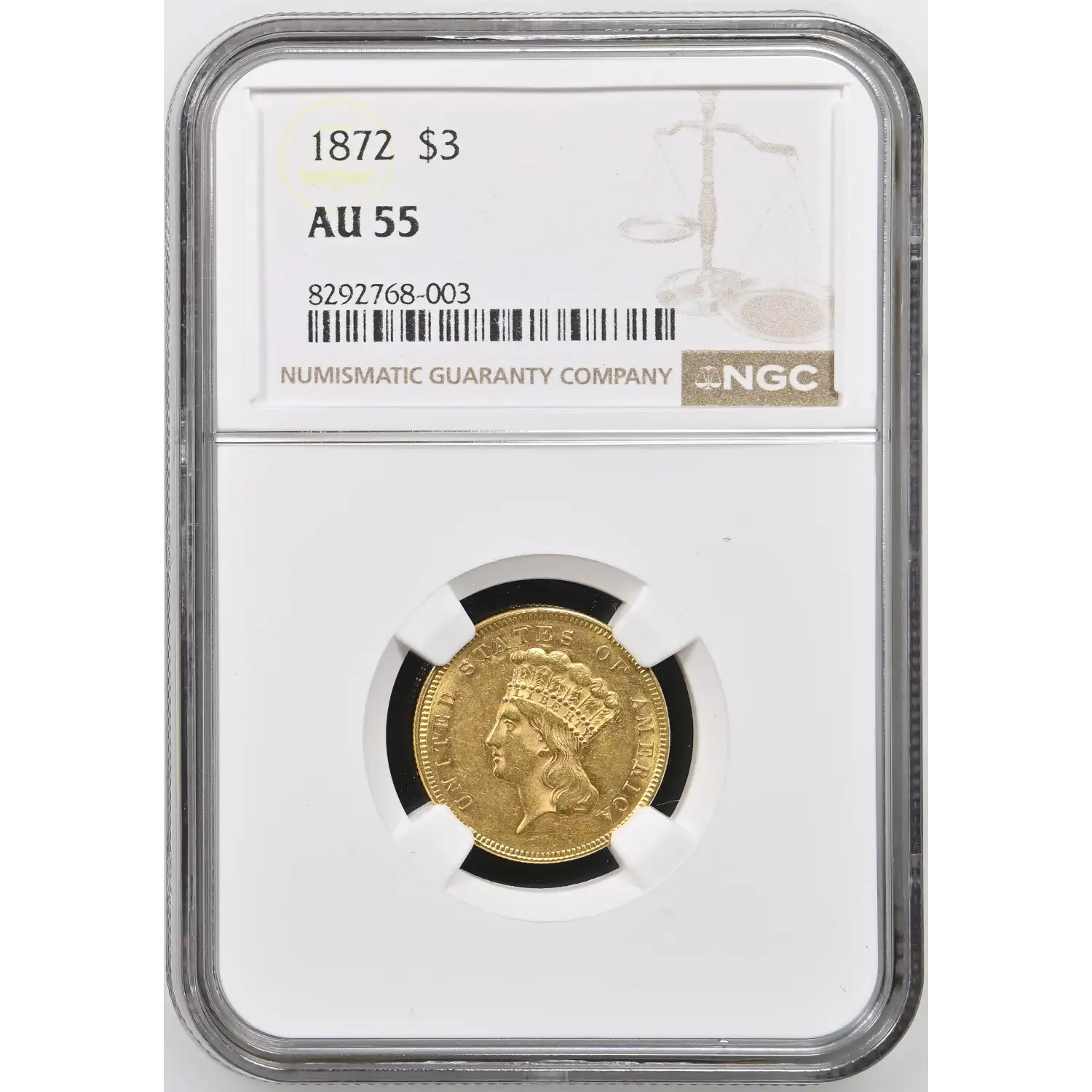 1872 Gold Three Dollars $3 Indian Princess Head NGC AU-55 LOOKS ...